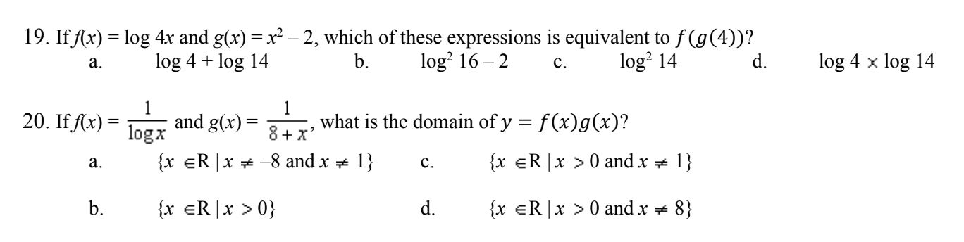 Solved 19. If f(x) = log 4x and g(x) = x² – 2, which of | Chegg.com