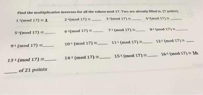 Solved Find the multiplicative inverses for all the values | Chegg.com