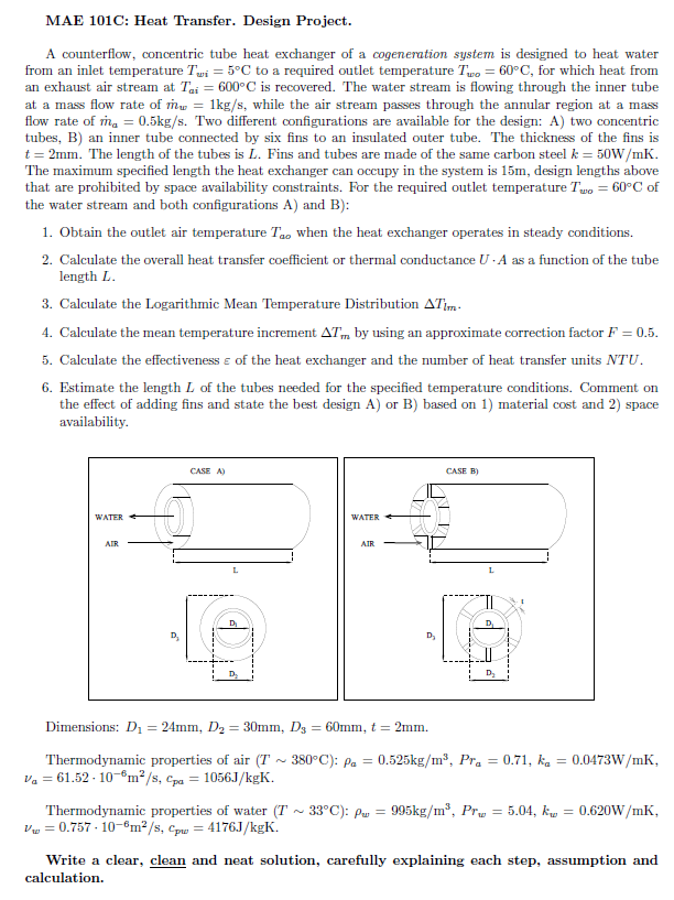 Solved MAE 101C: Heat Transfer. Design Project. A | Chegg.com