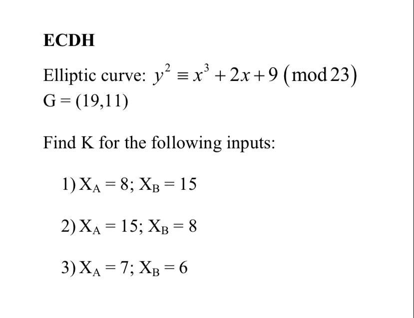 Solved ECDH Elliptic curve: y² = x + 2x +9 (mod 23) | Chegg.com