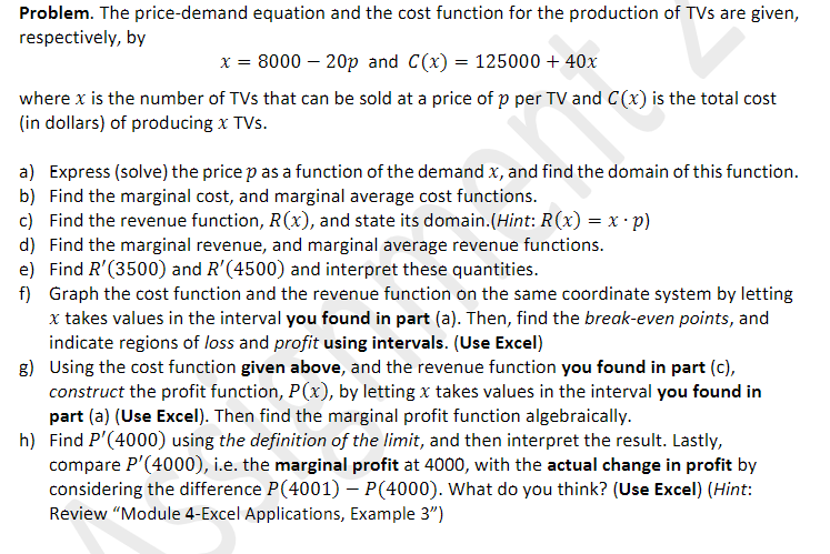 Solved Problem. The price-demand equation and the cost | Chegg.com