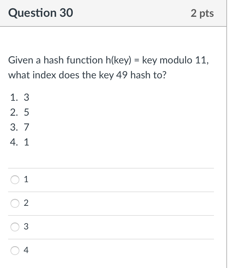 Solved Question 30 Given a hash function h(key) = key modulo | Chegg.com