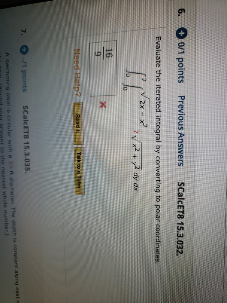 Solved 6. 0/1 points Previous Answers SCalcET8 15.3.032. | Chegg.com