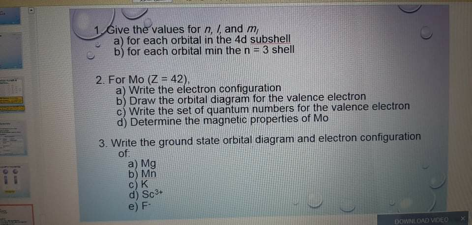 Solved 1. Give the values for n, l, and m a) for each | Chegg.com