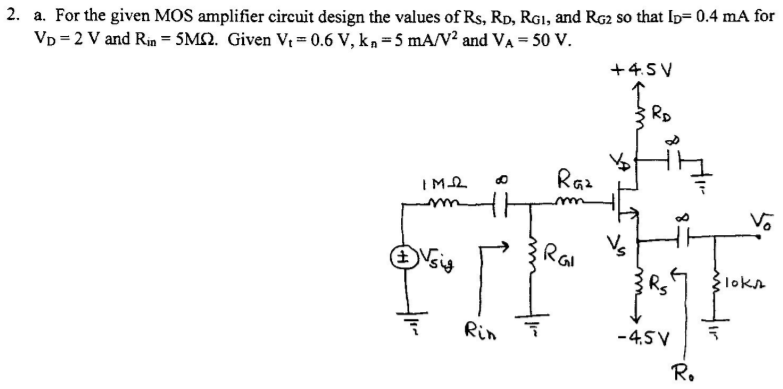 Solved 2. a. For the given MOS amplifier circuit design the | Chegg.com