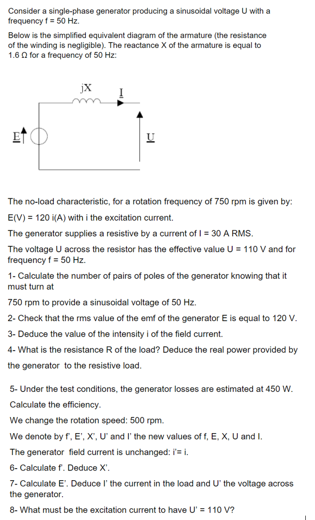 Solved Consider a single-phase generator producing a | Chegg.com