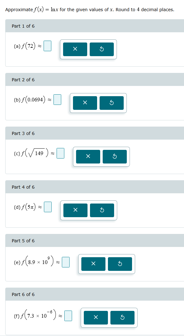 Solved Approximate f(x)=lnx ﻿for the given values of x. | Chegg.com