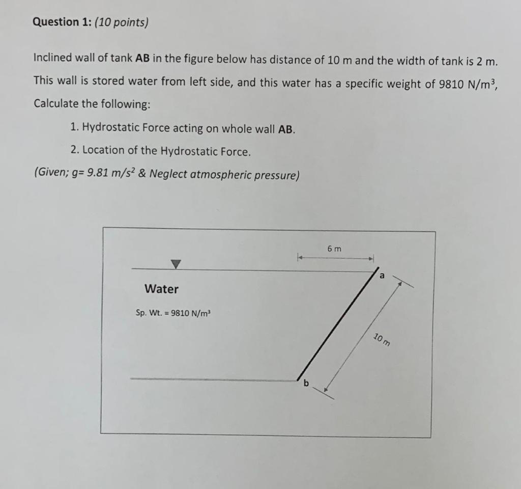 Solved Inclined wall of tank AB in the figure below has | Chegg.com