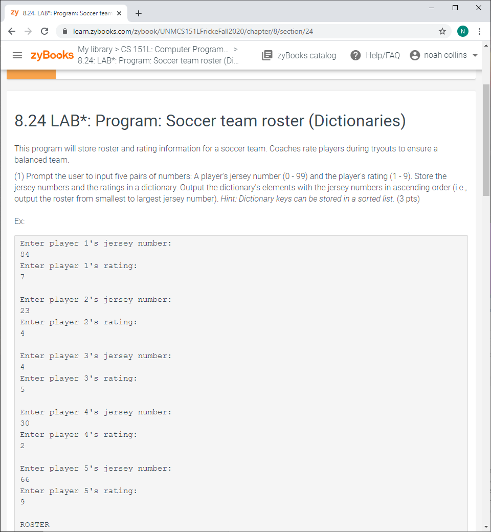 Solved x zy 8.24. LAB*: Program: Soccer team X + € → C | Chegg.com