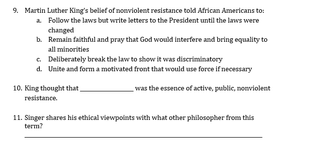 Solved 9. Martin Luther King's belief of nonviolent | Chegg.com