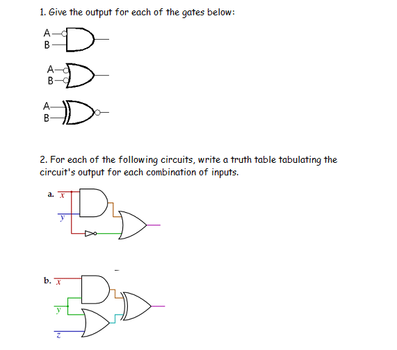 Solved 1. Give the output for each of the gates below: А B D | Chegg.com