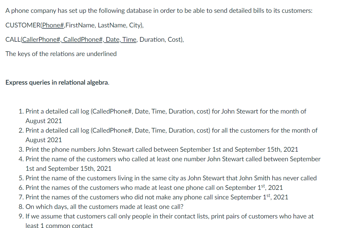 Solved A phone company has set up the following database in | Chegg.com