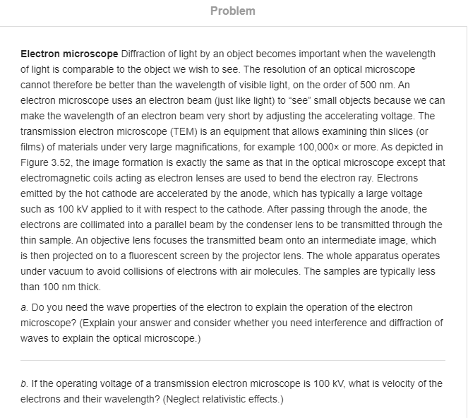 Solved Problem Electron microscope Diffraction of light by | Chegg.com
