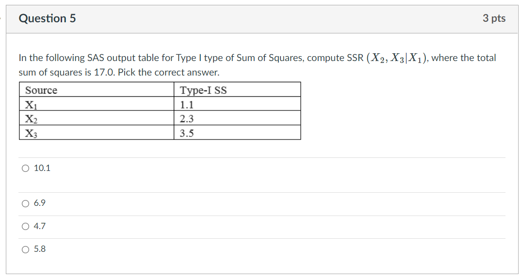 Solved Question 5 3 pts In the following SAS output table | Chegg.com