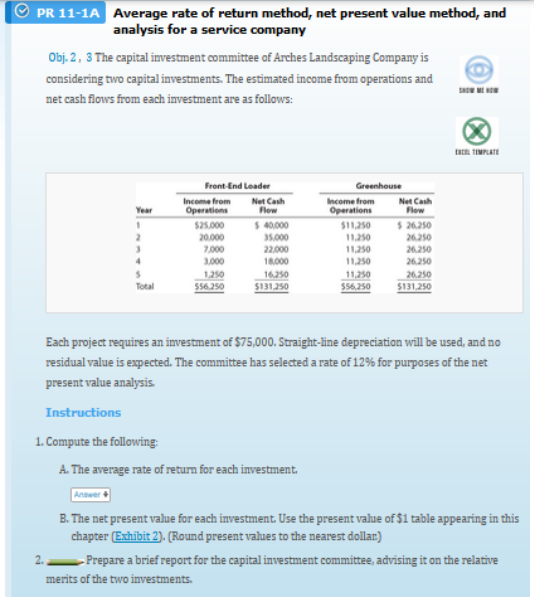 Solved PR 11-1A Average rate of return method, net present | Chegg.com