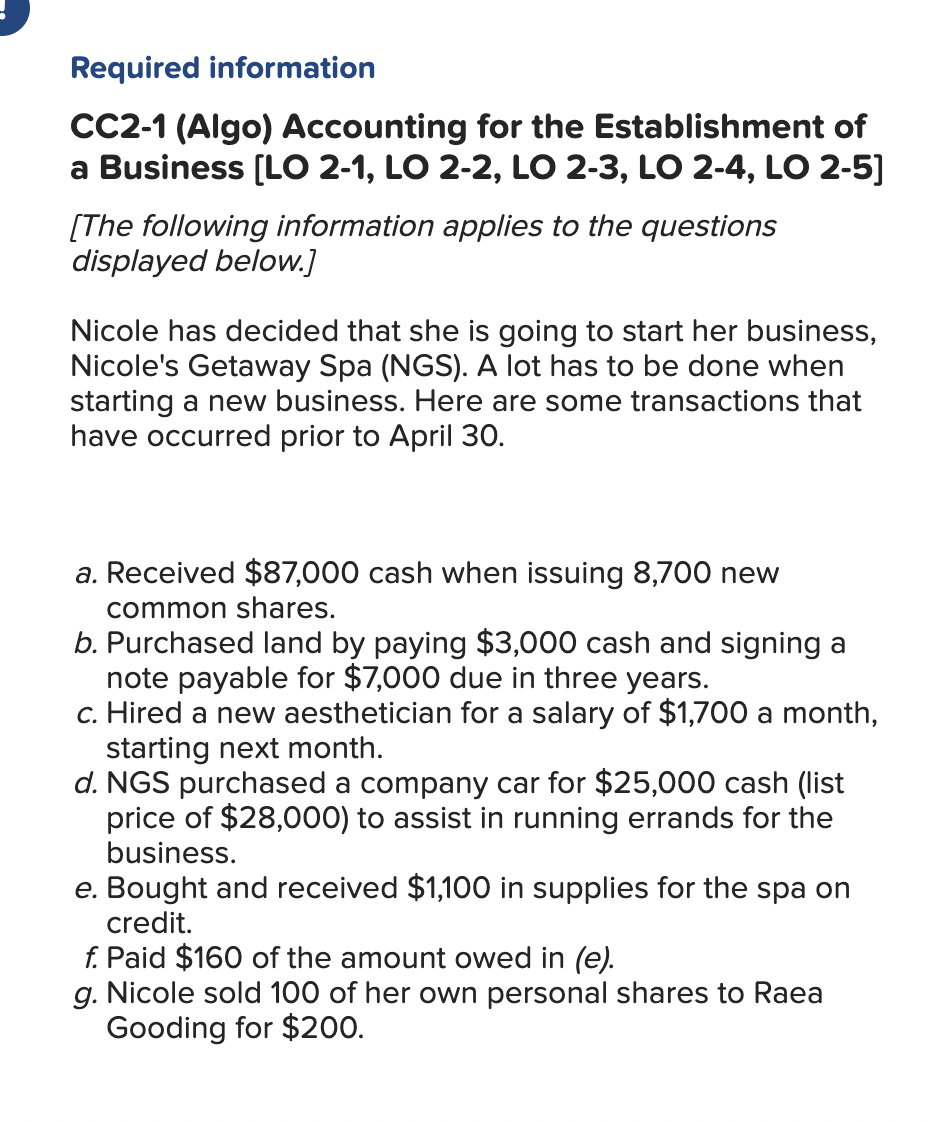 Solved Required information CC2-1 (Algo) Accounting for the | Chegg.com