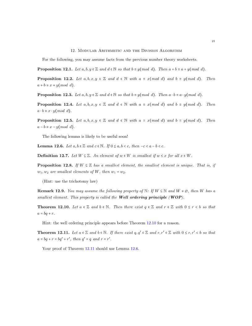 Solved 21 12. MODULAR ARITHMETIC AND THE DIVISION ALGORITHM | Chegg.com