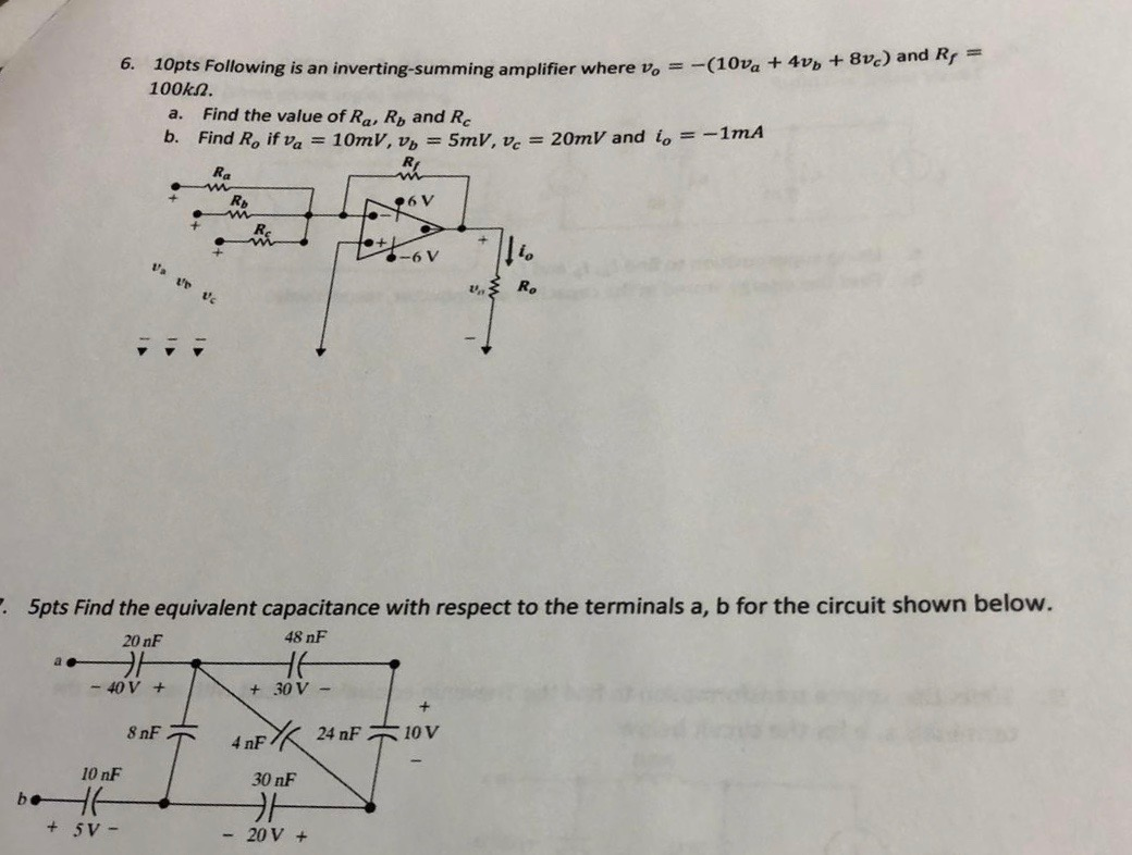 Solved 6. 10pts Following is an inverting-summing amplifier | Chegg.com