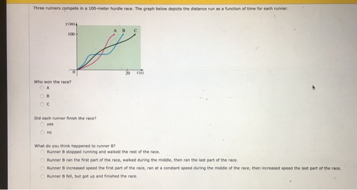 Solved Three runners compete in a 100-meter hurdle race. The | Chegg.com