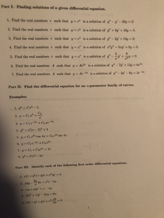 Solved Part I. Finding solutions of a given differential | Chegg.com