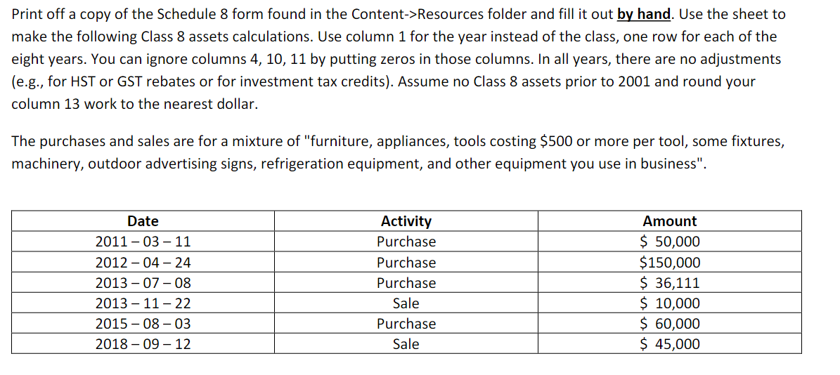 Print off a copy of the Schedule 8 form found in the | Chegg.com