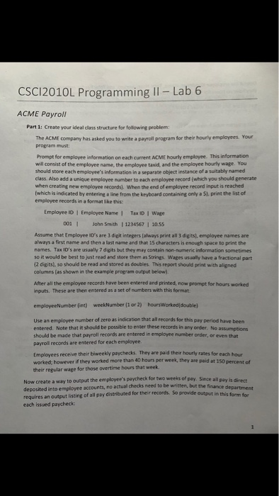 Solved CSCI2010L Programming Il - Lab 6 ACME Payroll Part 1: | Chegg.com