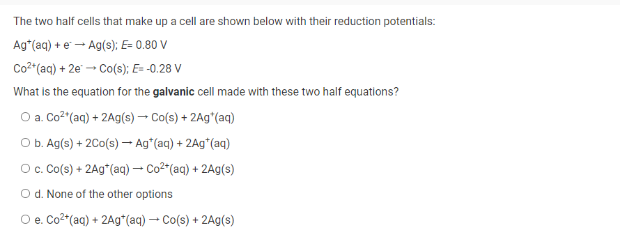 Solved The two half cells that make up a cell are shown | Chegg.com