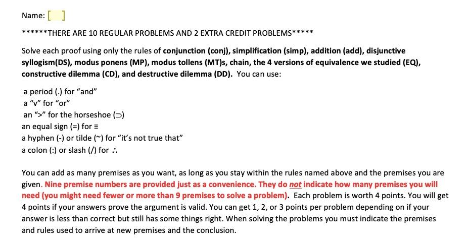 Name: [ ] ******THERE ARE 10 REGULAR PROBLEMS AND 2 | Chegg.com
