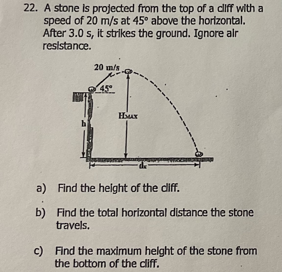 Solved 22. A stone is projected from the top of a cliff with | Chegg.com