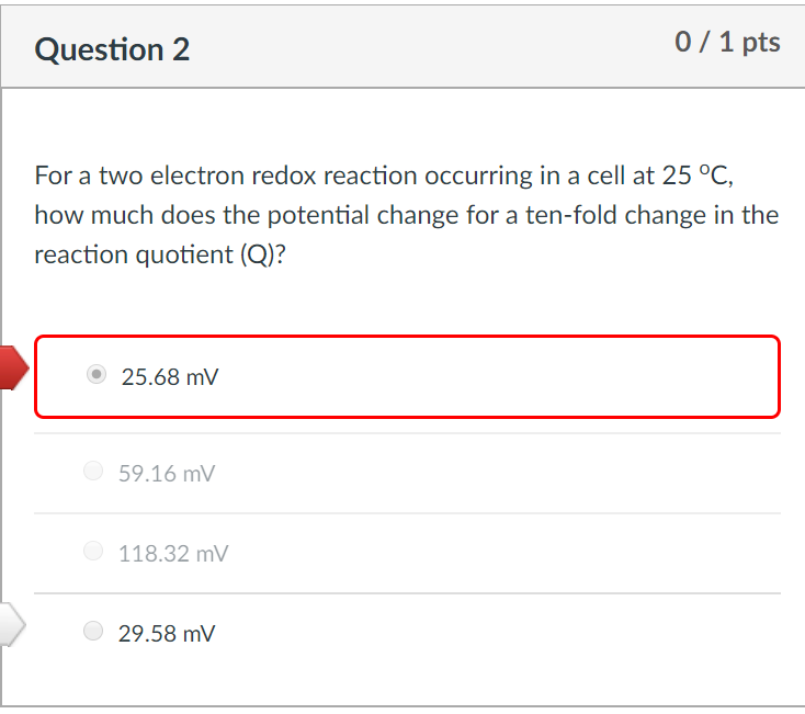 Solved Question 2 0/ 1 pts For a two electron redox reaction | Chegg.com