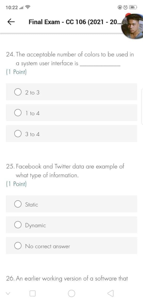Solved 10:22 .. 0 46 Final Exam - CC 106 (2021 - 20... - 24. | Chegg.com