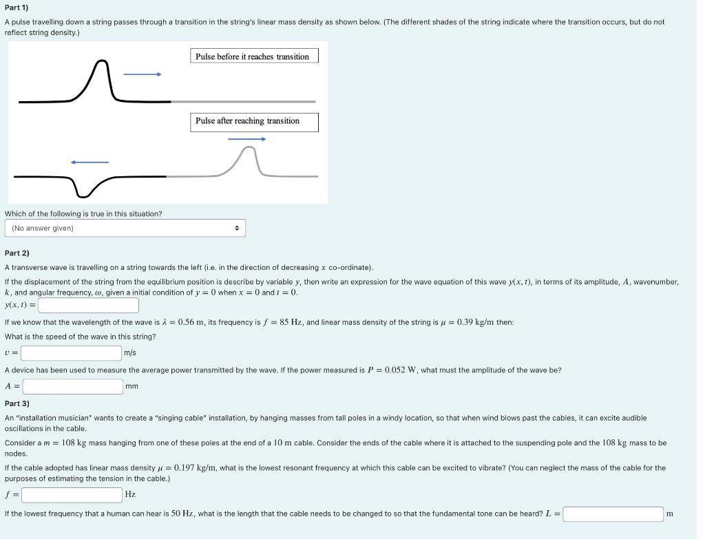 Solved Part 1) A pulse travelling down a string passes | Chegg.com