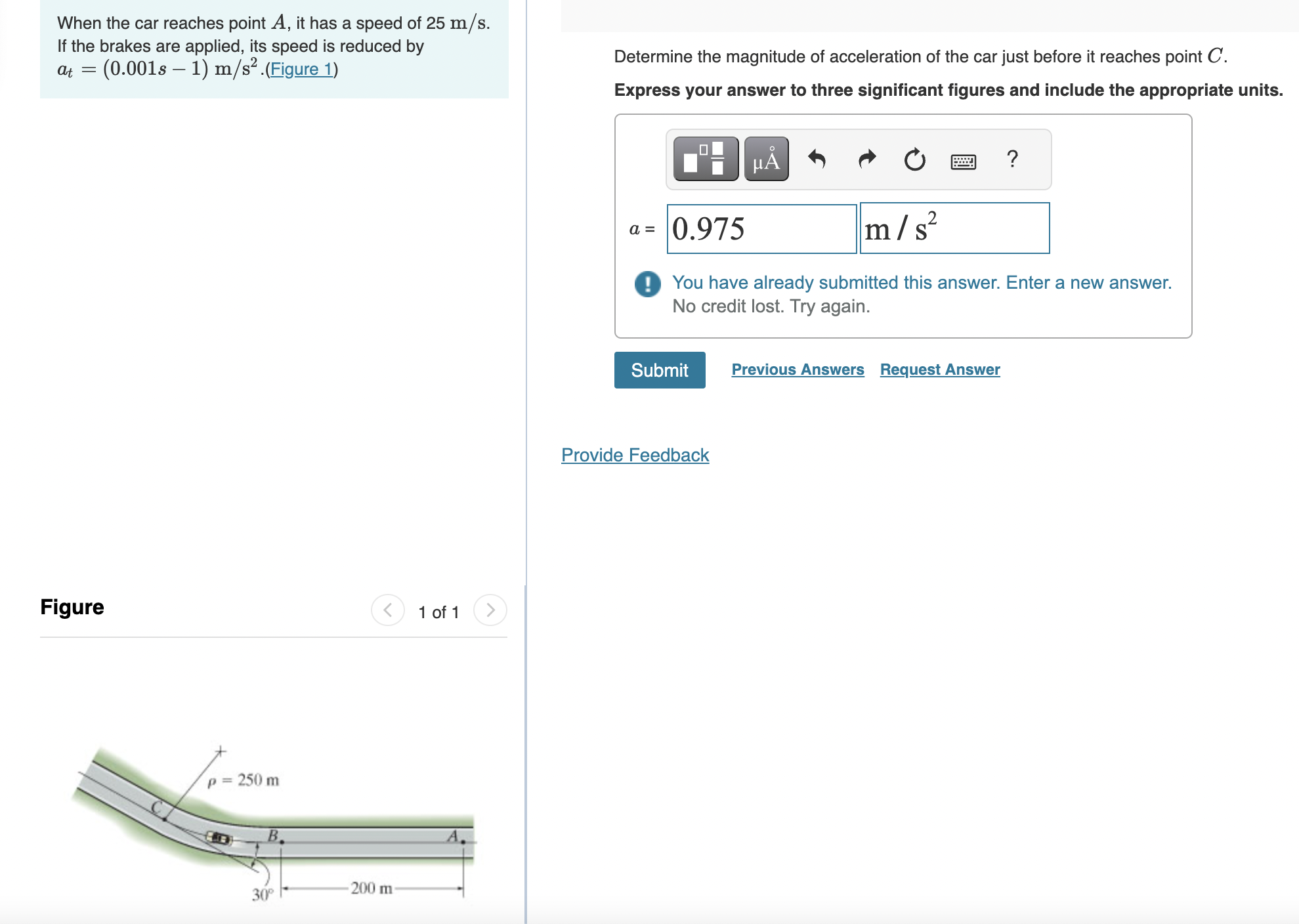 Solved When the car reaches point A, ﻿it has a speed of 25 | Chegg.com
