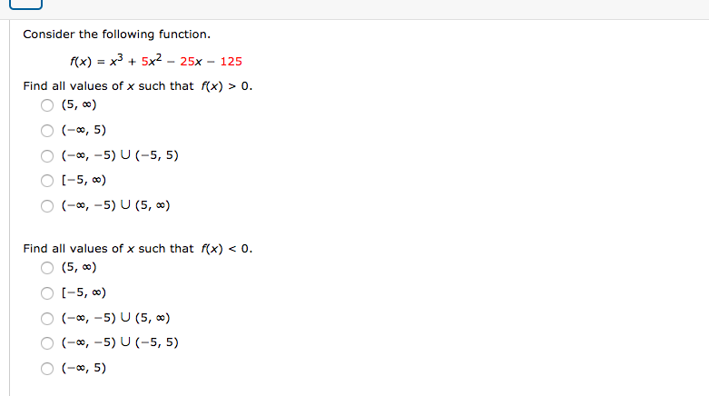 Solved Consider the following function. f(x) = x3 + 5x2 – | Chegg.com