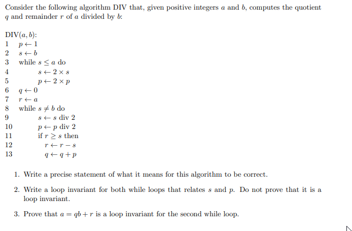 Solved Consider The Following Algorithm Div That Given 