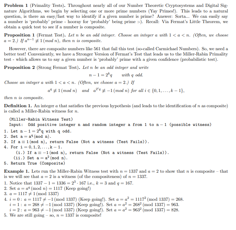 Solved Problem 1 (Primality Tests). Throughout nearly all of | Chegg.com