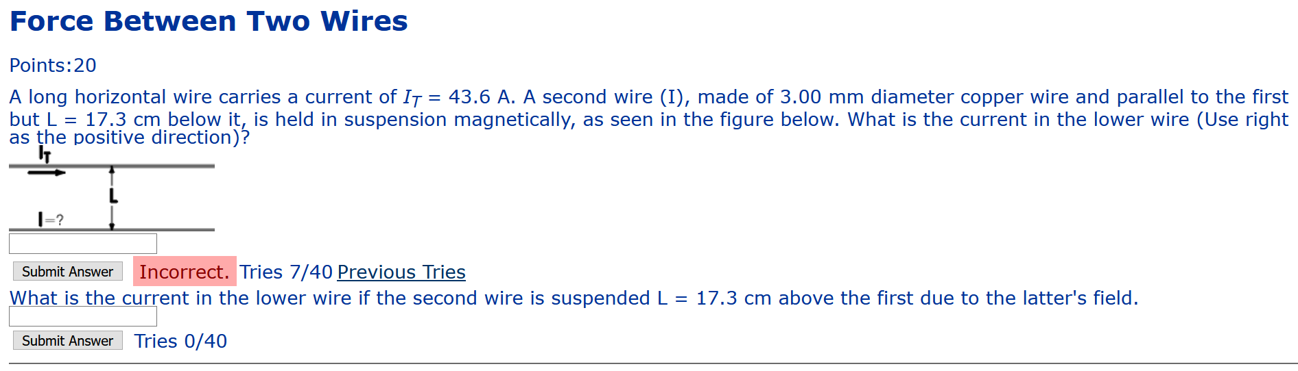 Solved Force Between Two Wires Points:20 A long horizontal | Chegg.com