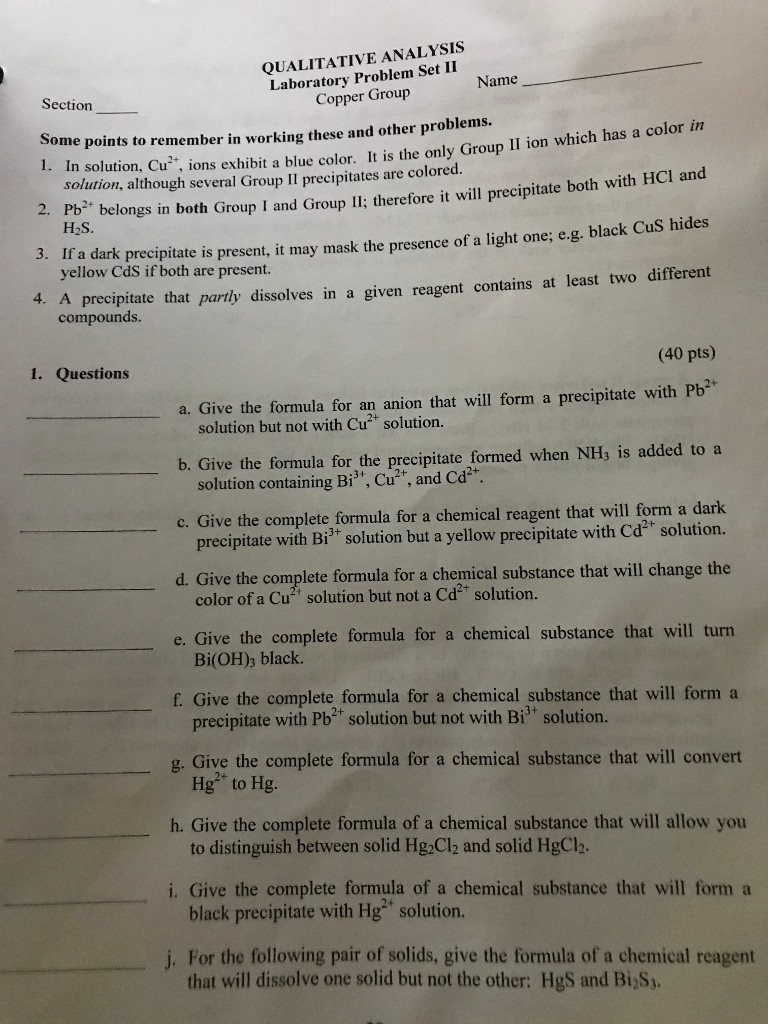 Solved QUALITATIVE ANALYSIS Laboratory Problem Set II Copper | Chegg.com