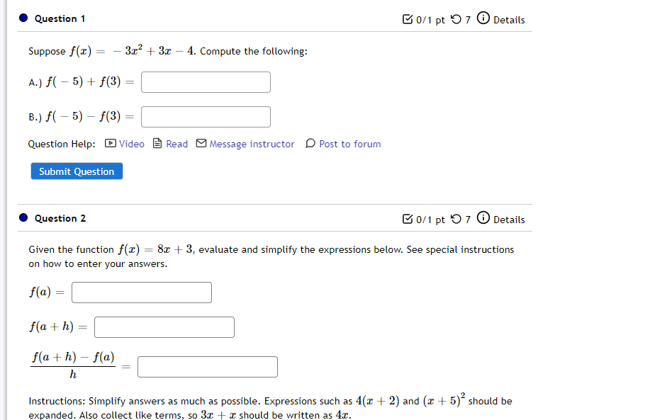 Solved Question 1: Suppose f(x)=−3x2+3x−4. Compute | Chegg.com
