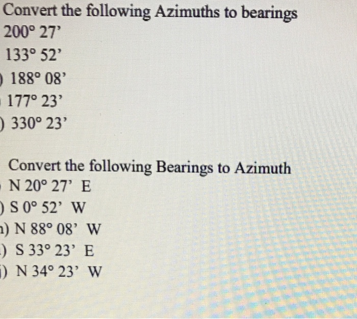 Solved Convert the following Azimuths to bearings 200° 27" | Chegg.com