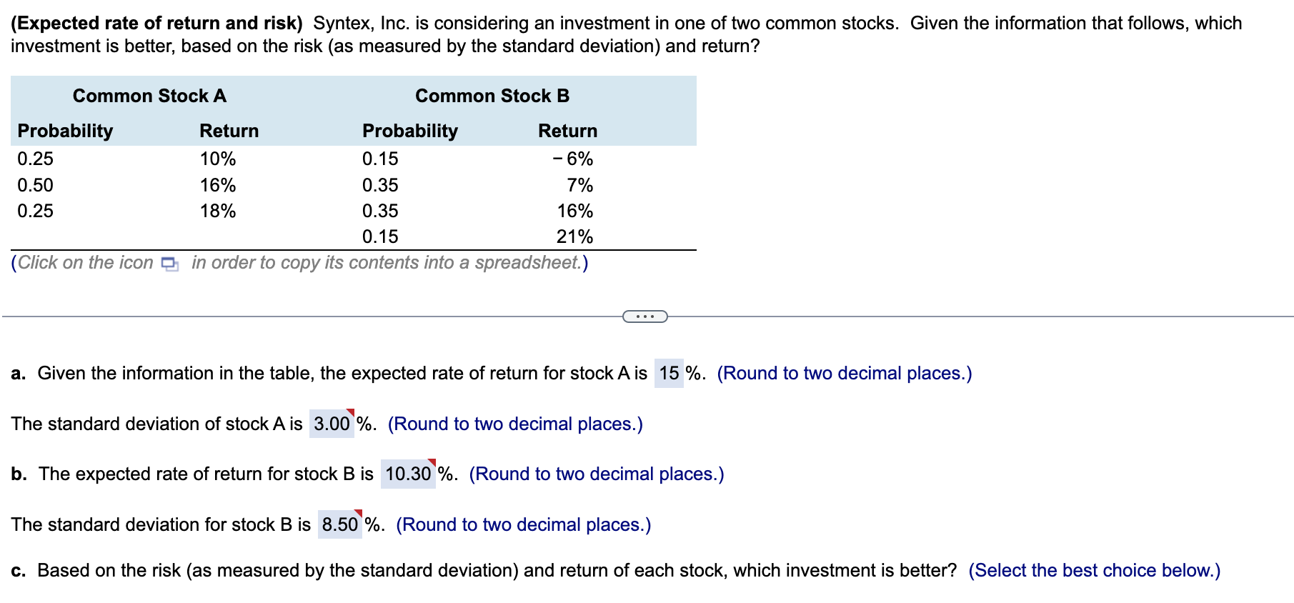 Solved (Expected rate of return and risk) Syntex, Inc. is | Chegg.com