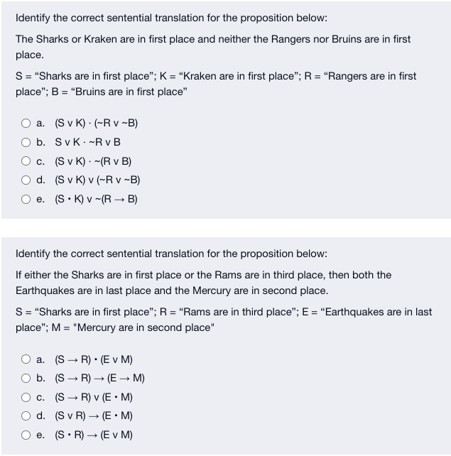 Solved Identify the correct sentential translation for the | Chegg.com