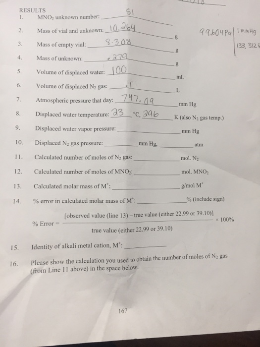 Solved RESULTS MNO2 unknown number: 2. Mass of vial and | Chegg.com