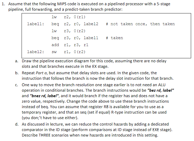 Solved 1. Assume that the following MIPS code is executed on | Chegg.com