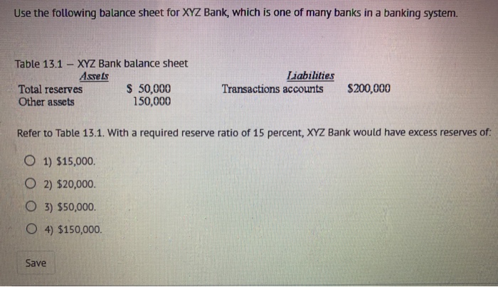 Solved Use the following balance sheet for XYZ Bank, which | Chegg.com