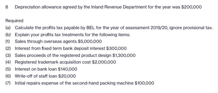 Solved 8 Depreciation allowance agreed by the Inland Revenue | Chegg.com