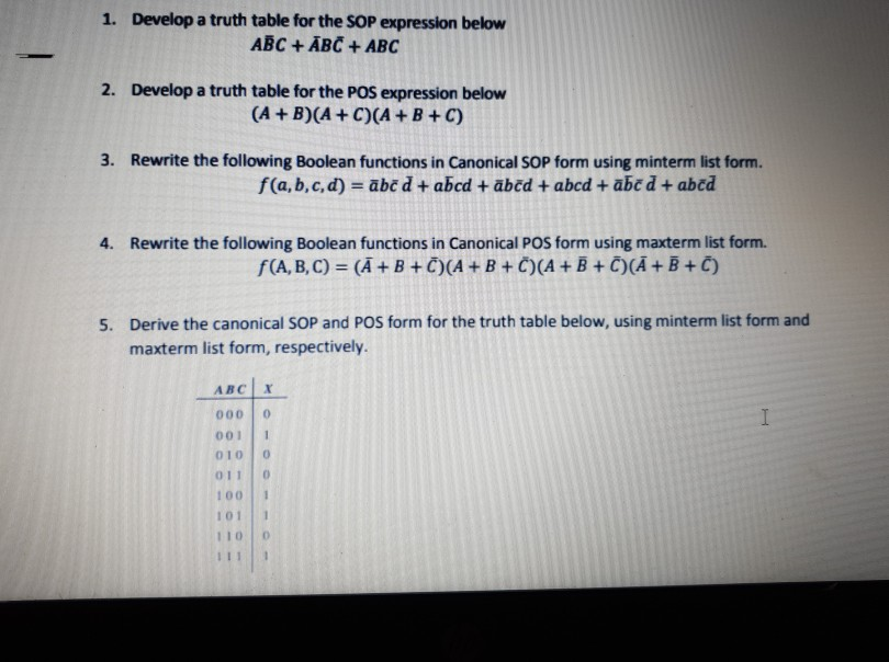 Solved 1 Develop A Truth Table For The Sop Expression Below 7527