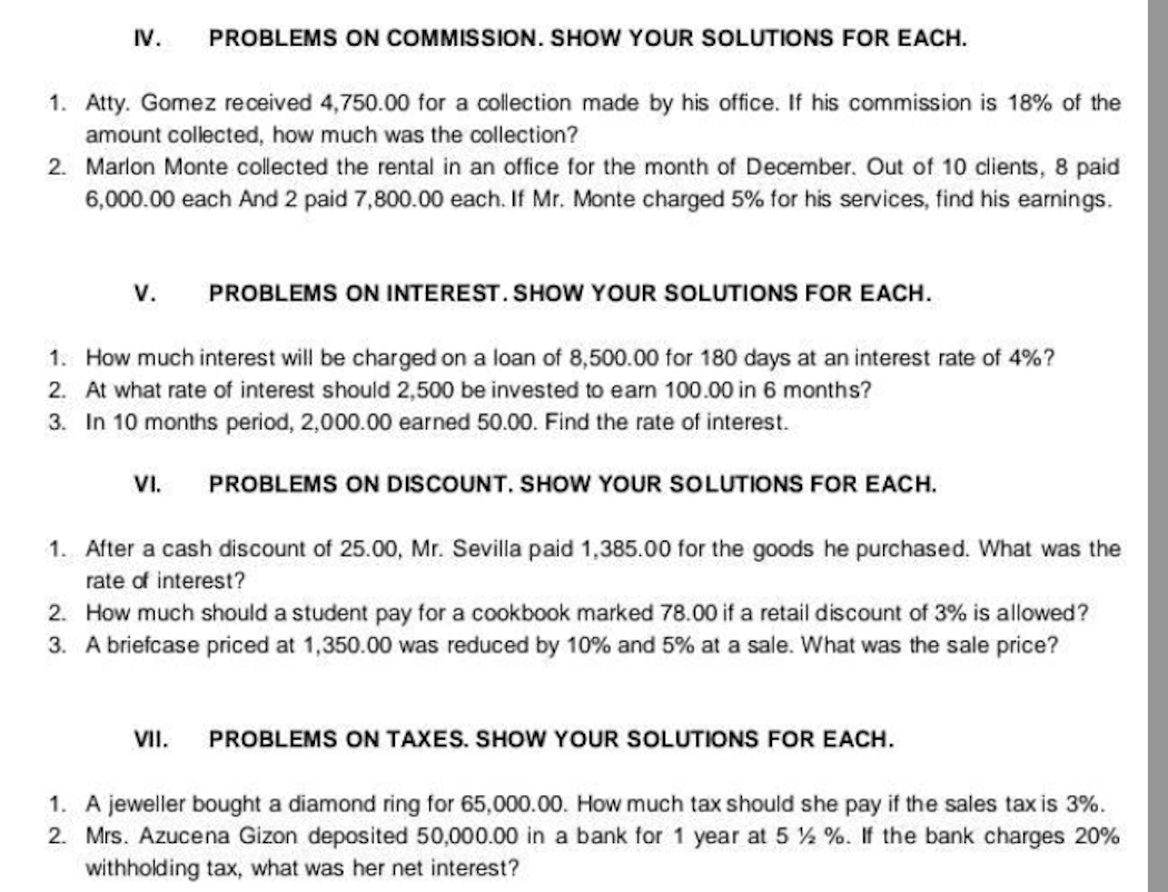 Solved IV. PROBLEMS ON COMMISSION. SHOW YOUR SOLUTIONS FOR | Chegg.com