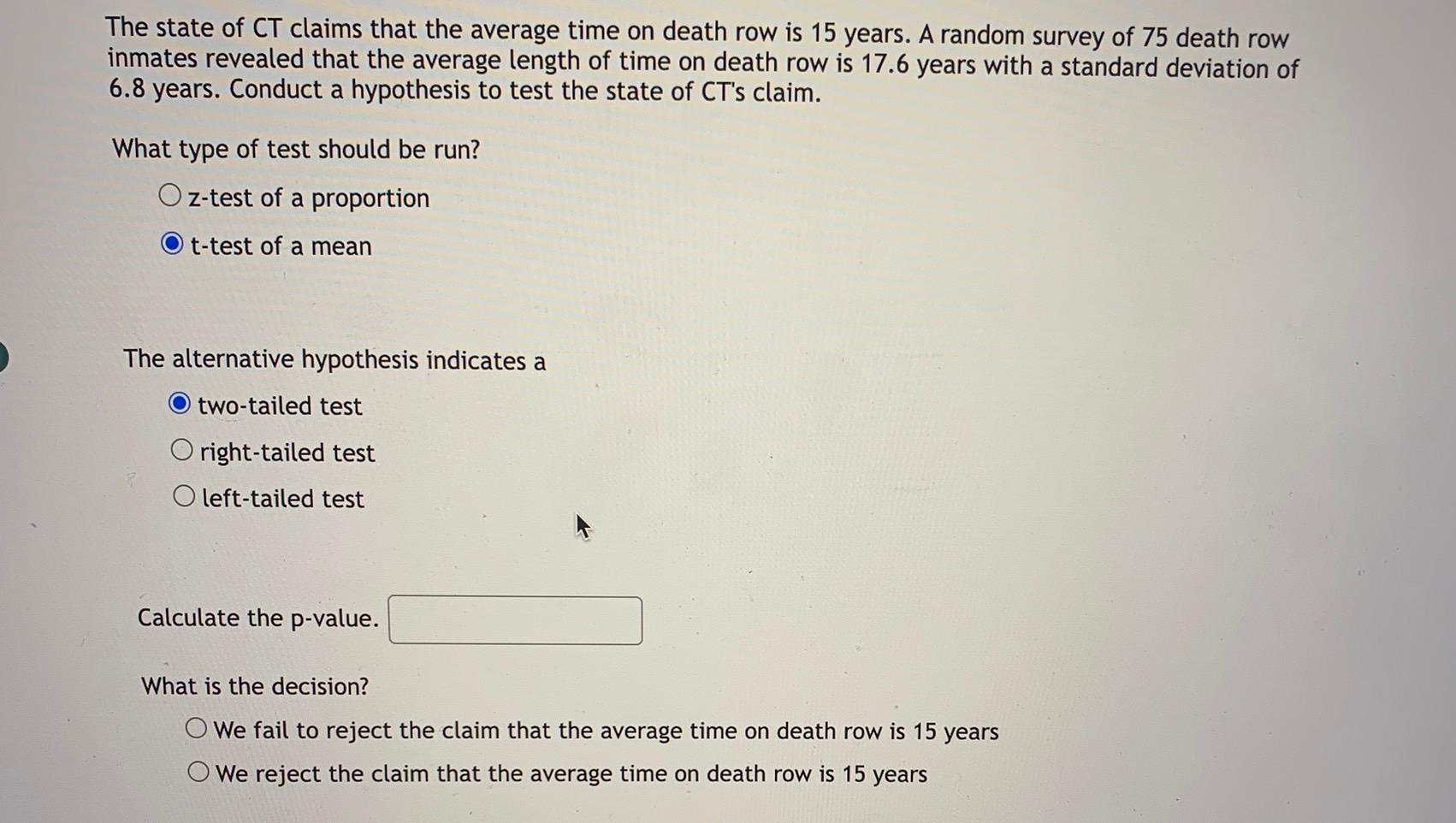 Solved The state of CT claims that the average time on death | Chegg.com