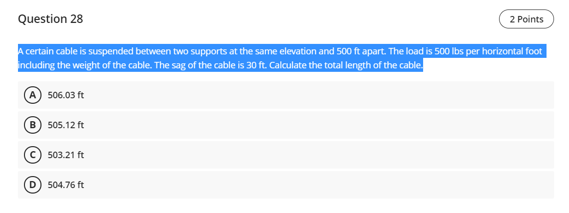 Solved Question 28 2 Points A certain cable is suspended | Chegg.com